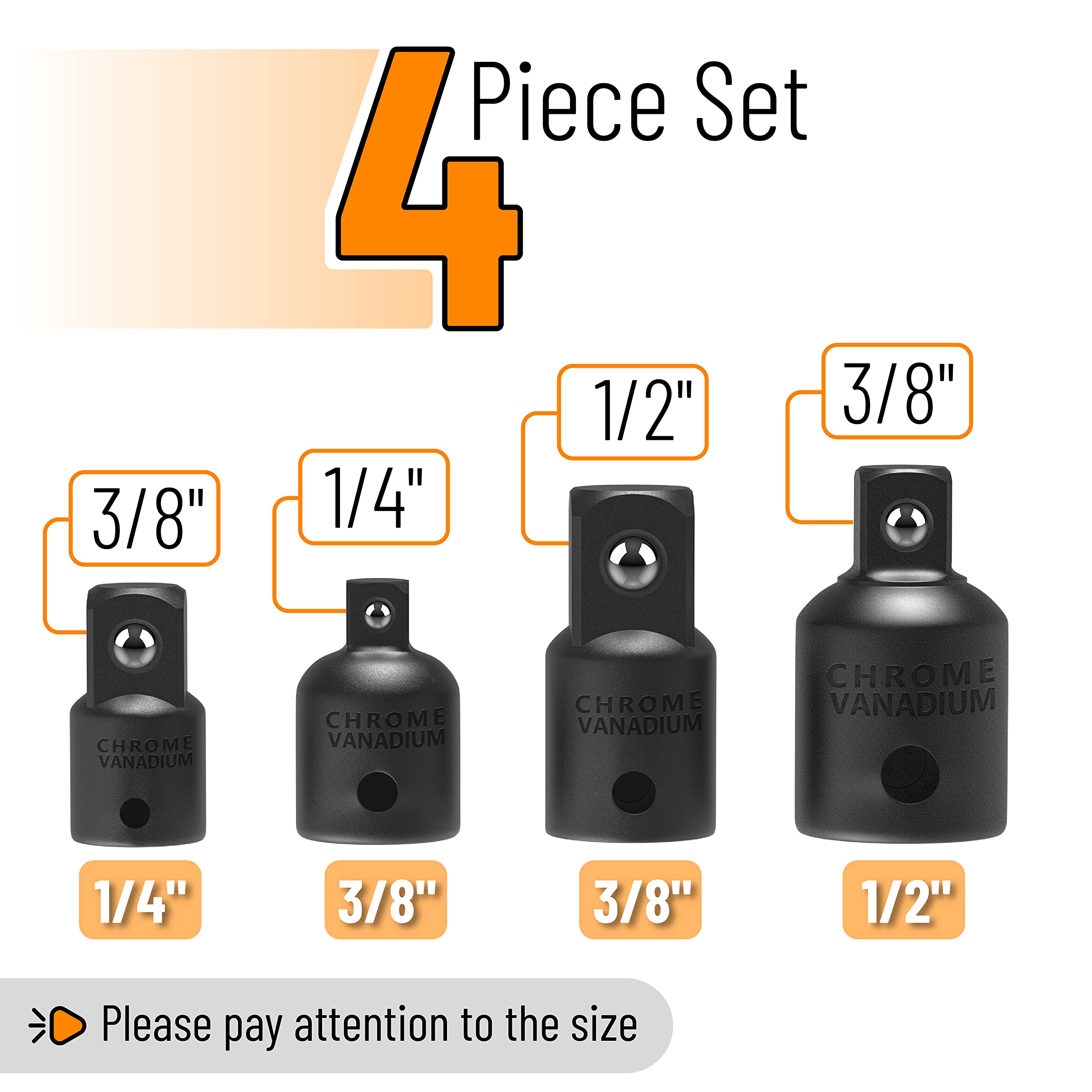 Bates- Impact Socket Adapter and Reducer Set, 4-pcs, Impact Sockets Adapter Sets, Impact Adapter, Socket Adapter Set, 1/2 to 3/8 Socket Adapter, 3/8 to 1/2 Socket Adapter, 3/8 to 1/4 Socket Adapter