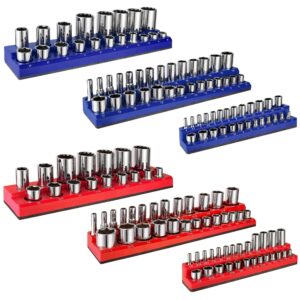 aloanes 141-slot magnetic socket organizer, 6pc socket holder kit, 1/2-inch, 3/8-inch, 1/4-inch drive socket tray holders,for standard and deep metric sae sockets, heavy duty organizer(red&blue)