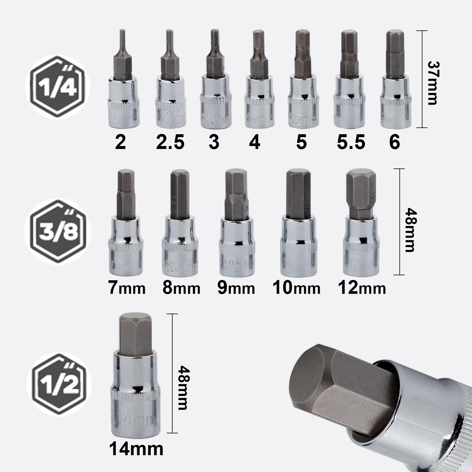 Hex Bit Socket Set Premium S2 Alloy Steel | 13-Piece Metric 2mm - 14mm Allen Socket Kit