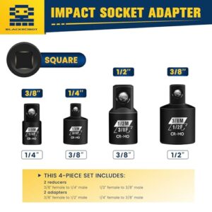 BLACKROBOT 4 Piece Impact Socket Adapter Set, 1/4" 3/8" 1/2" SAE Drive Socket Adapter Set, Square Adapter and Reducer Conversion Set for Impact Driver Wrench, Cr-Mo Steel