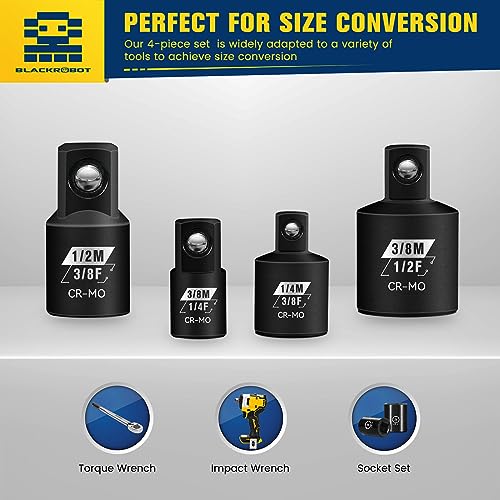 BLACKROBOT 4 Piece Impact Socket Adapter Set, 1/4" 3/8" 1/2" SAE Drive Socket Adapter Set, Square Adapter and Reducer Conversion Set for Impact Driver Wrench, Cr-Mo Steel