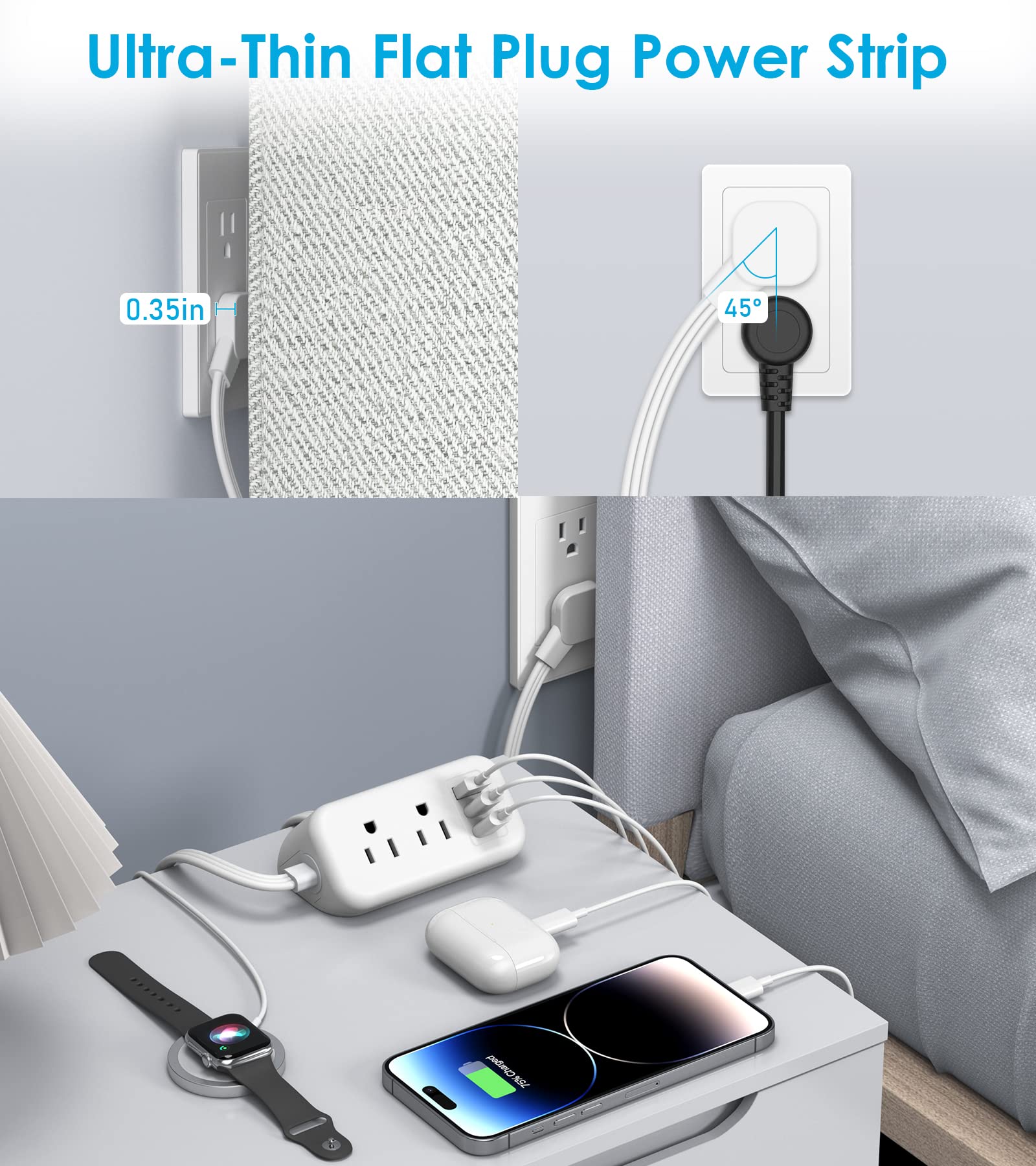 30W Power Strip USB C,5ft Black Extension Cord with USB C Ports, Small Portable Power Strip for Travel Home, Flat Plug 4 Outlet 3 USB Ports PD Fast Charging Cruise Power Strip Cruise Approved