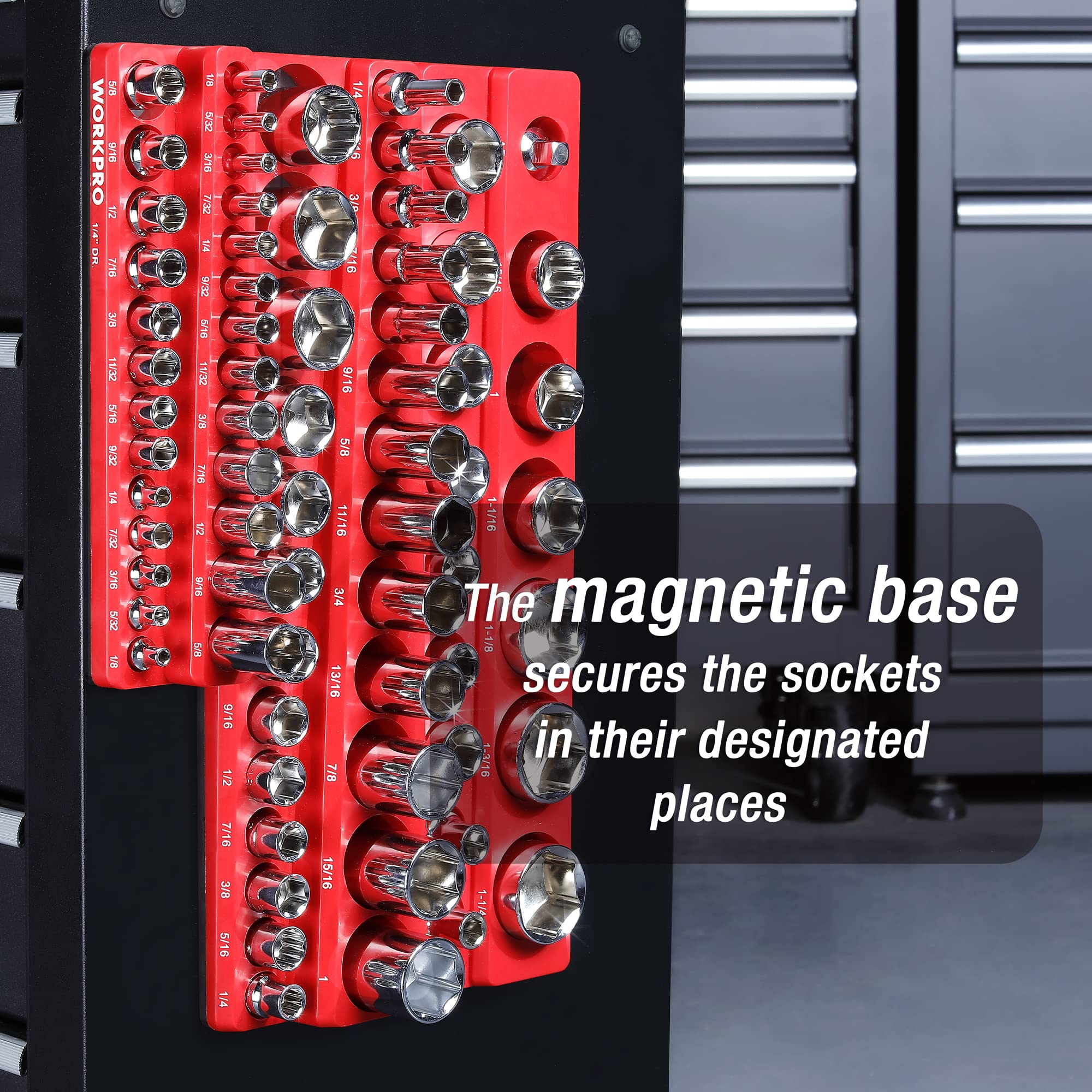 WORKPRO Magnetic Socket Organizer Set, 3-Piece Socket Holder Set Includes 1/4", 3/8" and 1/2" Drive SAE Socket Trays, Holds 68 Pieces Standard Size and Deep Size Sockets(Socket not Included)