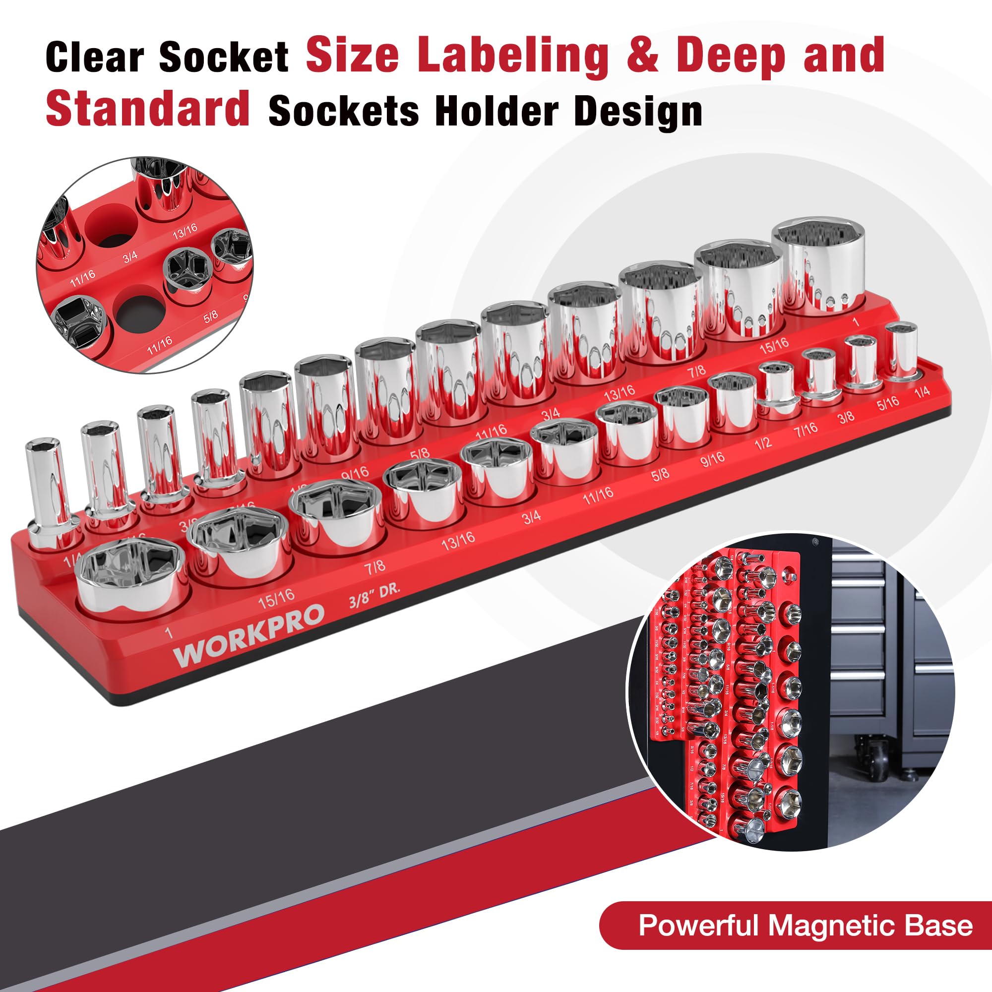 WORKPRO Magnetic Socket Organizer Set, 3-Piece Socket Holder Set Includes 1/4", 3/8" and 1/2" Drive SAE Socket Trays, Holds 68 Pieces Standard Size and Deep Size Sockets(Socket not Included)