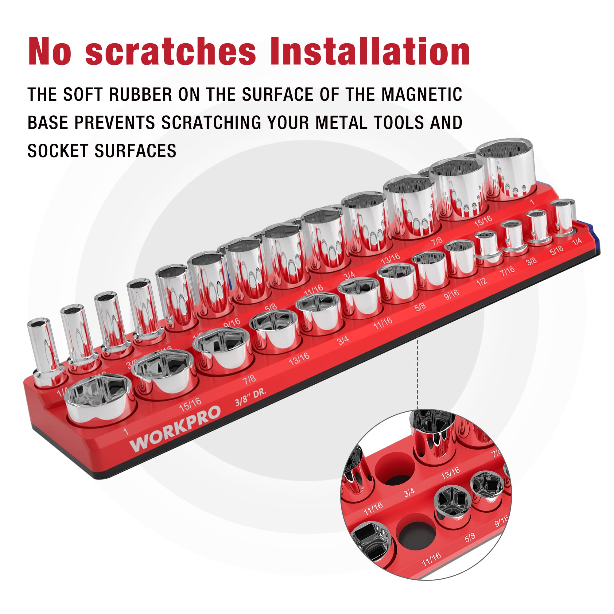 WORKPRO Magnetic Socket Organizer Set, 3-Piece Socket Holder Set Includes 1/4", 3/8" and 1/2" Drive SAE Socket Trays, Holds 68 Pieces Standard Size and Deep Size Sockets(Socket not Included)