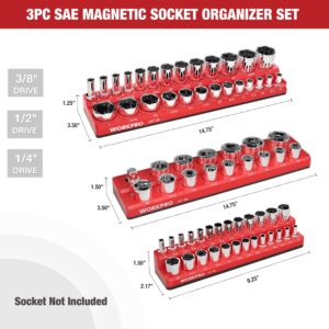 WORKPRO Magnetic Socket Organizer Set, 3-Piece Socket Holder Set Includes 1/4", 3/8" and 1/2" Drive SAE Socket Trays, Holds 68 Pieces Standard Size and Deep Size Sockets(Socket not Included)