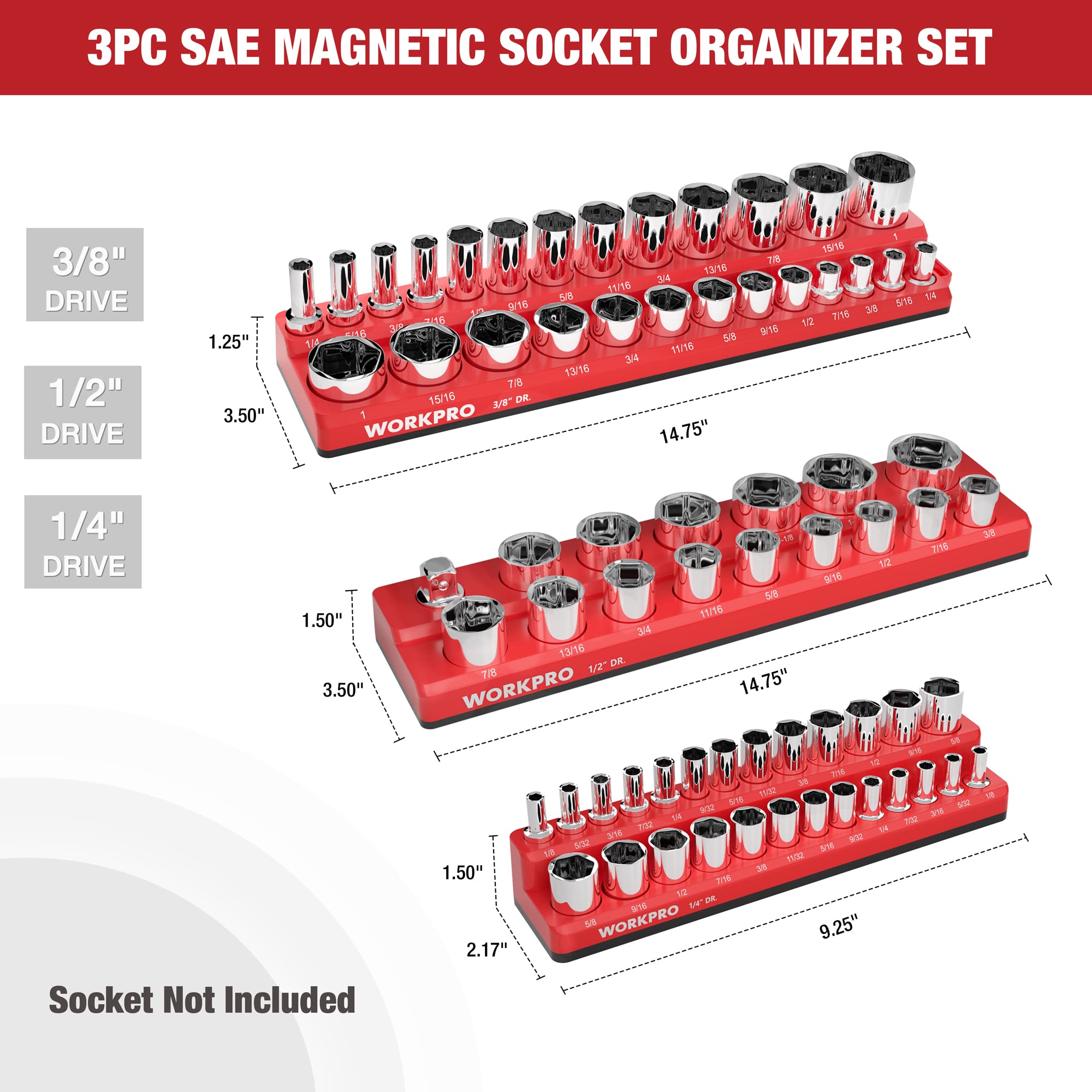 WORKPRO Magnetic Socket Organizer Set, 3-Piece Socket Holder Set Includes 1/4", 3/8" and 1/2" Drive SAE Socket Trays, Holds 68 Pieces Standard Size and Deep Size Sockets(Socket not Included)