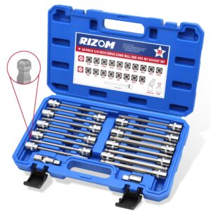 rizom 20-piece 3/8 inch drive long ball end hex bit socket set, extra long allen socket set, sae & metric (1/8-3/8 in., 3-10 mm), cr-v and s2 steel