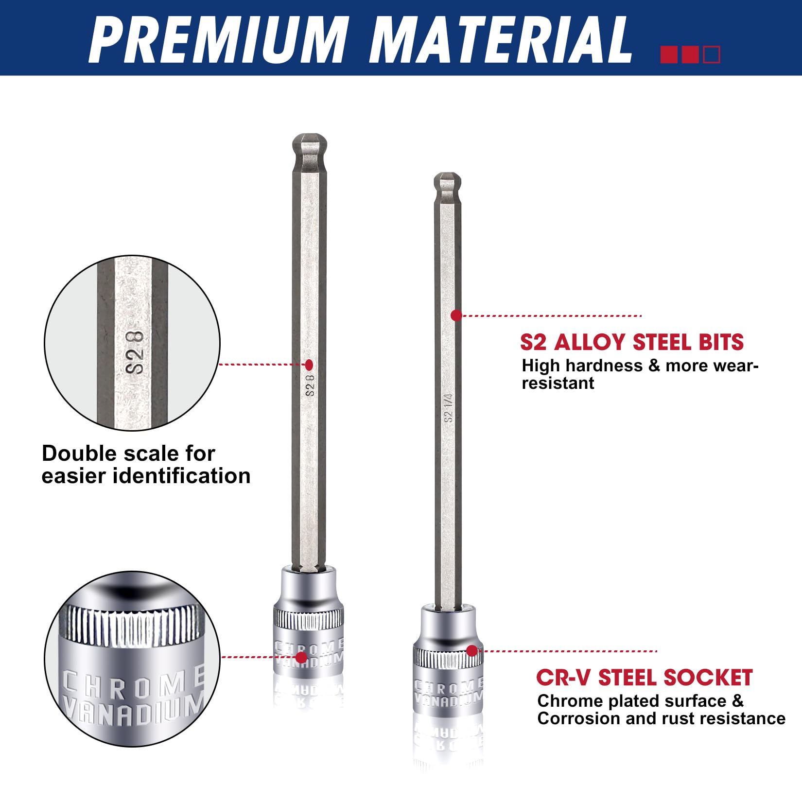 RIZOM 20-Piece 3/8 Inch Drive Long Ball End Hex Bit Socket Set, Extra Long Allen Socket Set, SAE & Metric (1/8-3/8 in., 3-10 mm), CR-V and S2 Steel