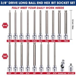 RIZOM 20-Piece 3/8 Inch Drive Long Ball End Hex Bit Socket Set, Extra Long Allen Socket Set, SAE & Metric (1/8-3/8 in., 3-10 mm), CR-V and S2 Steel