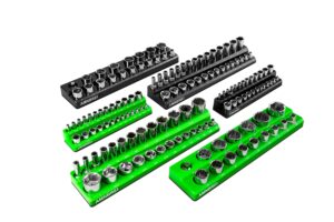 amnbrei magnetic socket organizer, 6 piece set metric and sae magnetic socket holders holds 143 sockets, 1/2-inch, 3/8-inch, 1/4-inch drive， attaches to metal wall, organizer tool box, green and black