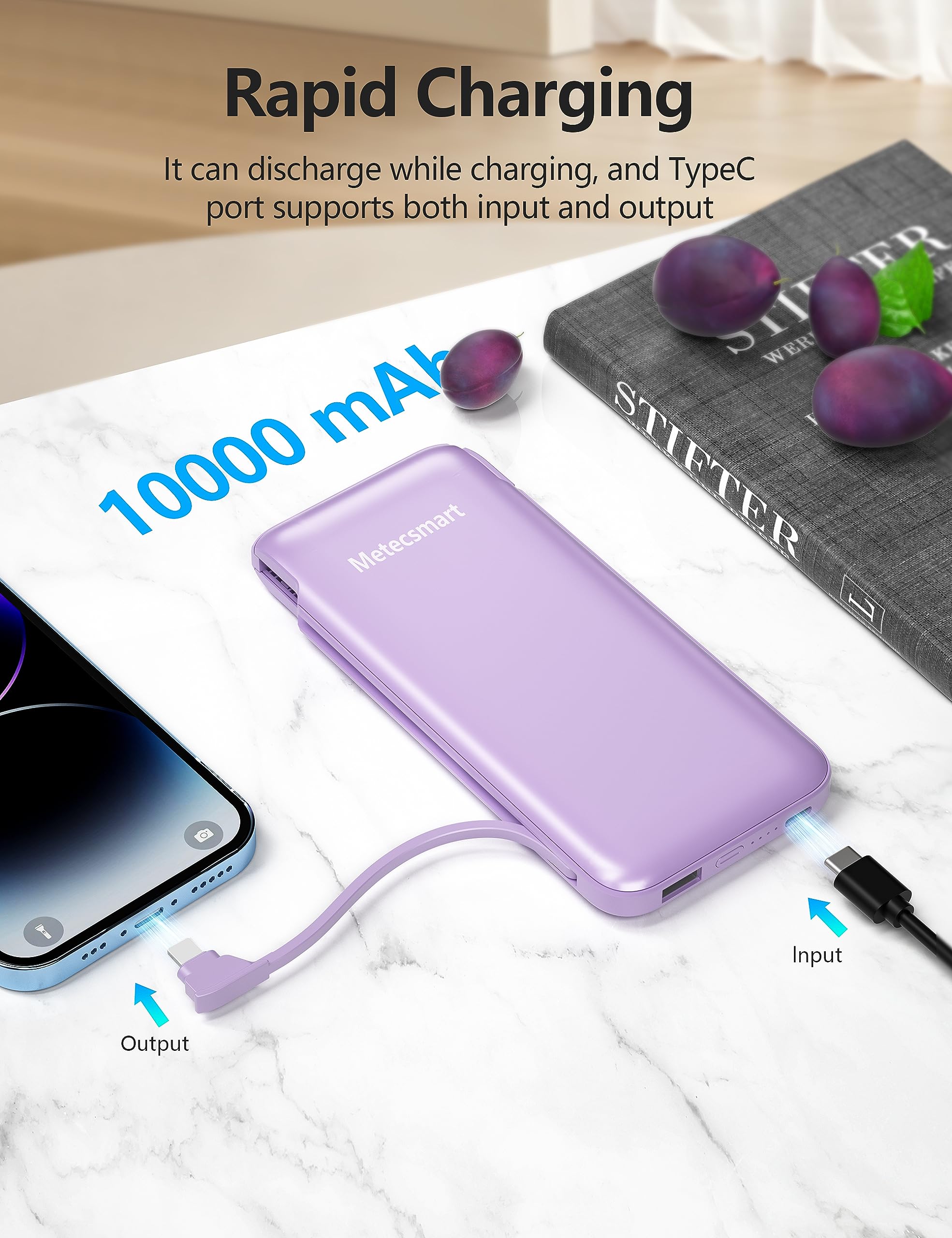 Metecsmart Portable Charger Power Bank with Built in Cable and AC Wall Plug, 10000mAh Fast USB C Phone Charger, Slim Thin Mini Charging Battery Pack Compatible with Smartphones and All USB-C Devices