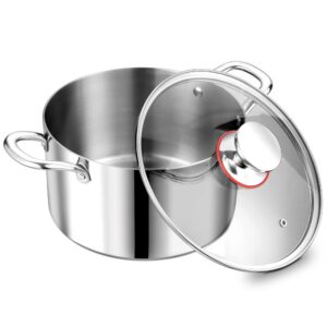 p&p chef tri-ply stainless steel stockpot (5 qt), large stock pot with visible lid for soup pasta vegetable, induction cooking pot for all stoves, heavy-duty pot with double handle, dishwasher safe