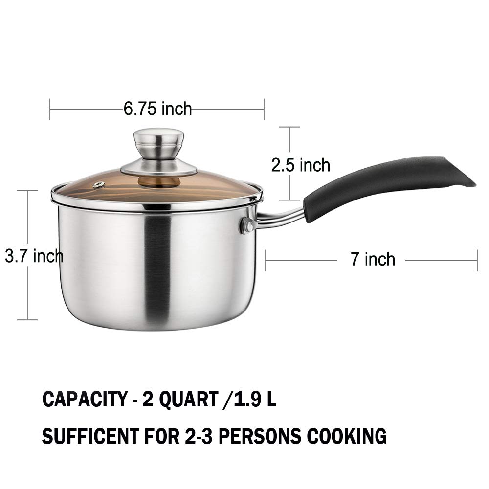 P&P CHEF 2QT Saucepan, Stainless Steel 2 Quart Saucepan with Lid, Multipurpose Sauce Pan for Kitchen Restaurant Cooking, Visible Glass lid & Heat-Proof Handles, Rust Resistant & Dishwasher Safe