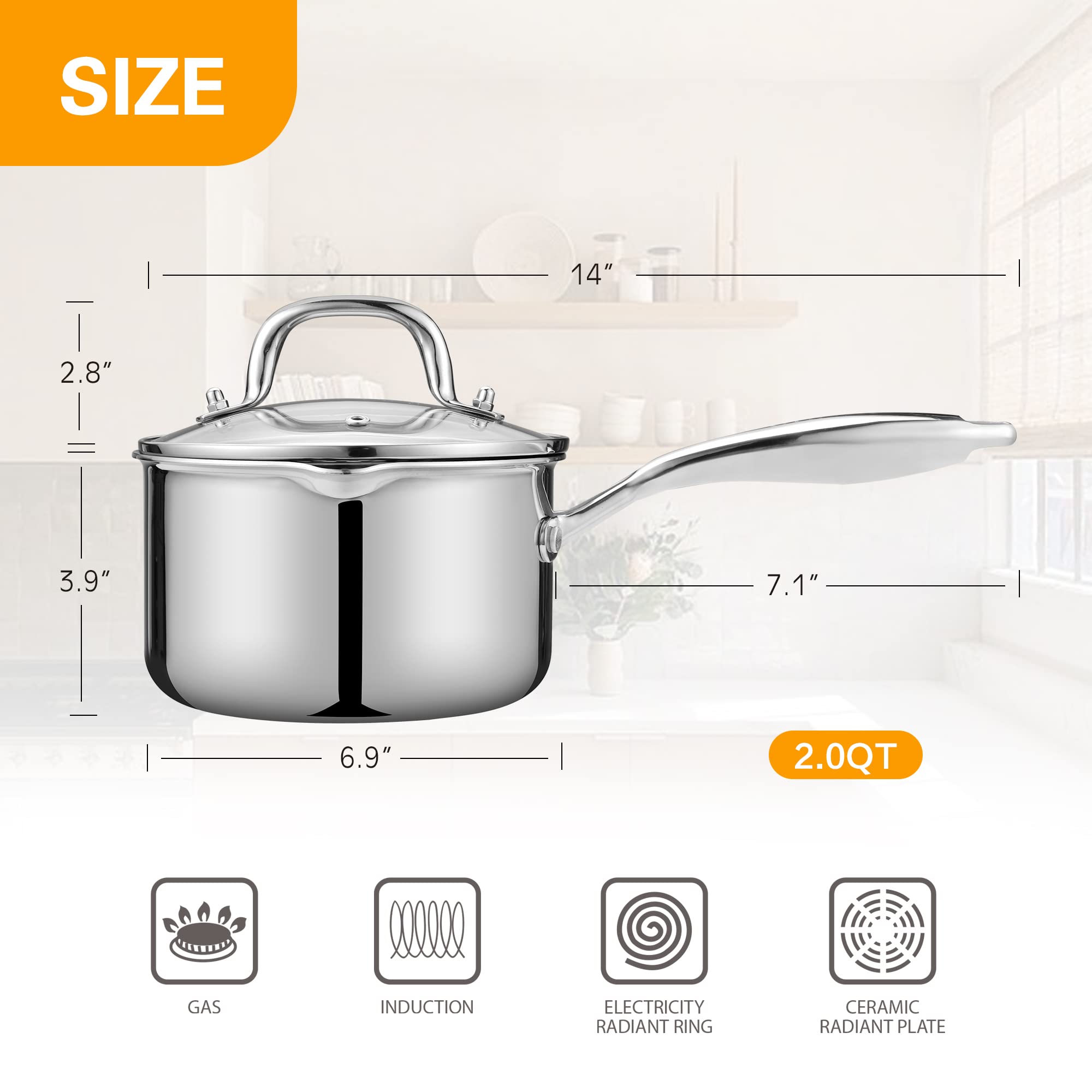 Cyrosa 2.0 Quart Saucepan with Lid, Stainless Steel Sauce Pot with Strainer Lid, Two Side Spouts for Easy Pour with Ergonomic Handle, Dishwasher Safe