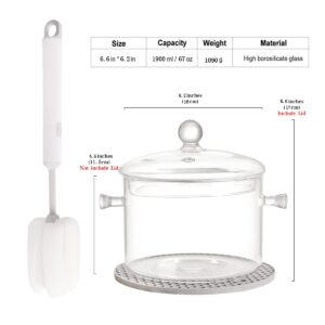 Clear Glass Pot Set for Cooking On Stove - 1.9l/67 Fl Oz Glass Cookware Simmer Pot for Safe for Pasta Noodle, Soup, Milk