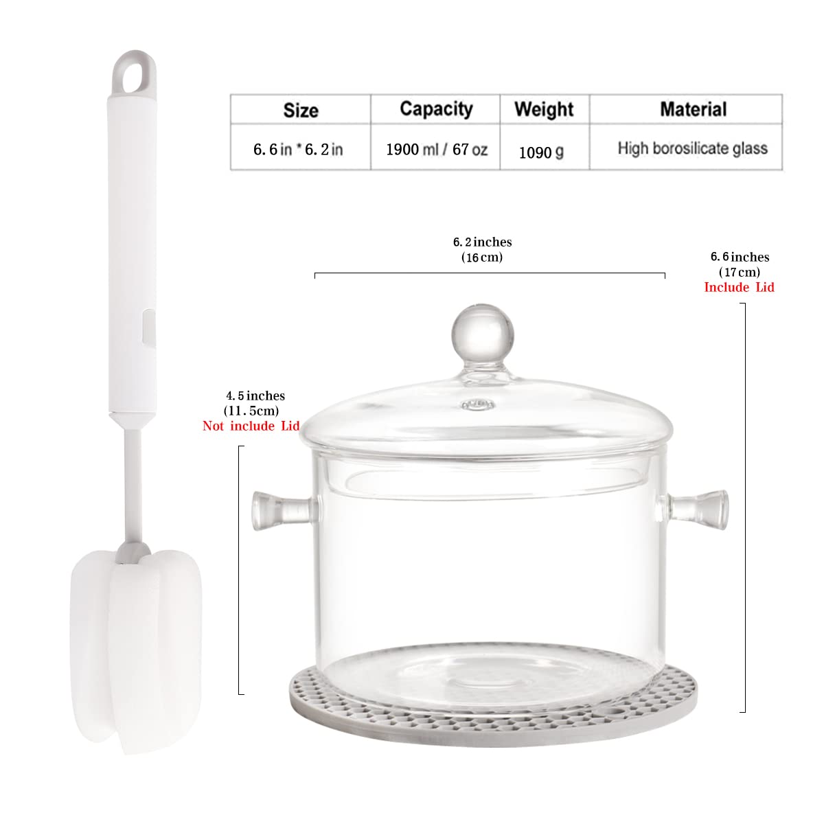 Clear Glass Pot Set for Cooking On Stove - 1.9l/67 Fl Oz Glass Cookware Simmer Pot for Safe for Pasta Noodle, Soup, Milk