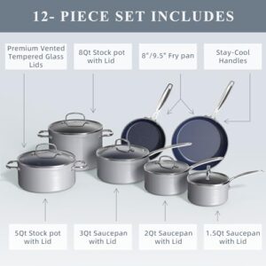 Nuwave Healthy Duralon Blue Ceramic Nonstick Cookware Set, Diamond Infused Scratch-Resistant, PFAS Free, Dishwasher & Oven Safe, Induction Ready & Evenly Heats, Tempered Glass Lids & Stay-Cool Handles