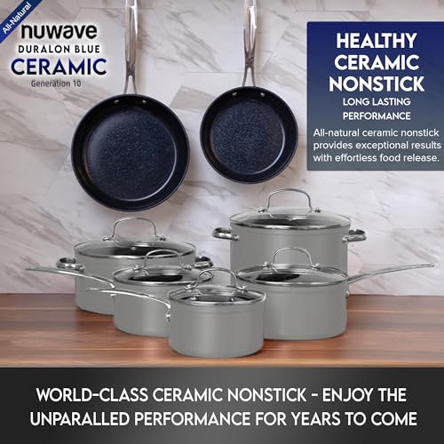 Nuwave Healthy Duralon Blue Ceramic Nonstick Cookware Set, Diamond Infused Scratch-Resistant, PFAS Free, Dishwasher & Oven Safe, Induction Ready & Evenly Heats, Tempered Glass Lids & Stay-Cool Handles