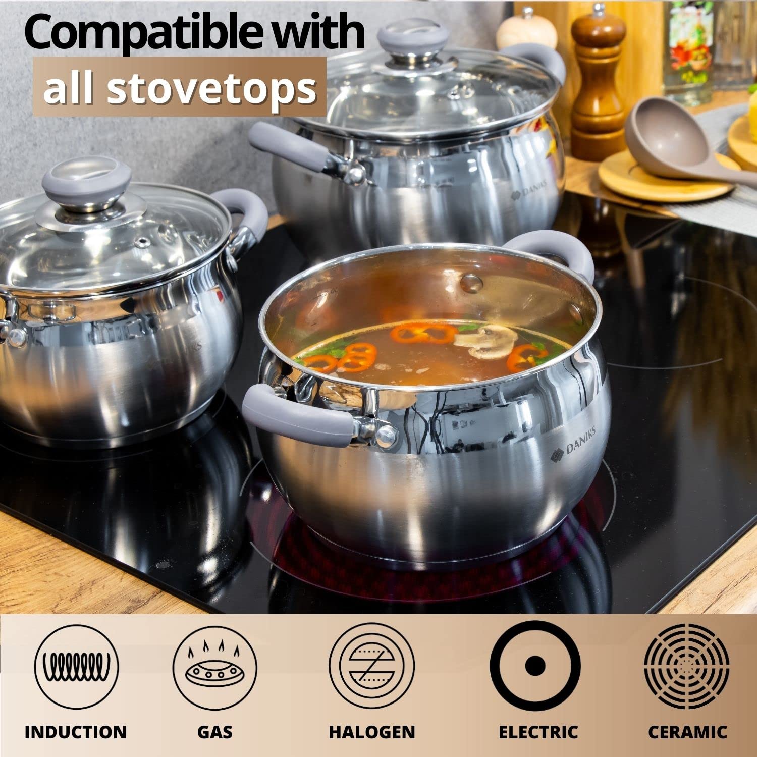 Daniks Modern Stainless Steel Stock Pot with Glass Lid | Induction 7 Quart | Dishwasher Safe Pot | Heatproof Handles | Soup Pasta Stew Pot | Silver