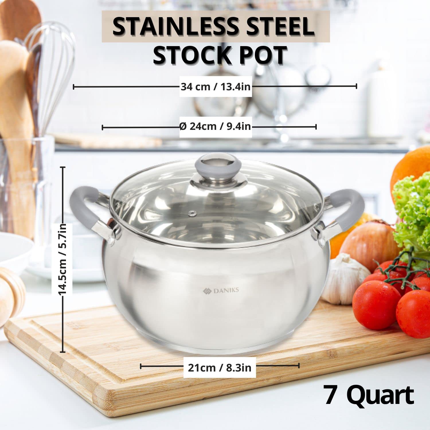 Daniks Modern Stainless Steel Stock Pot with Glass Lid | Induction 7 Quart | Dishwasher Safe Pot | Heatproof Handles | Soup Pasta Stew Pot | Silver