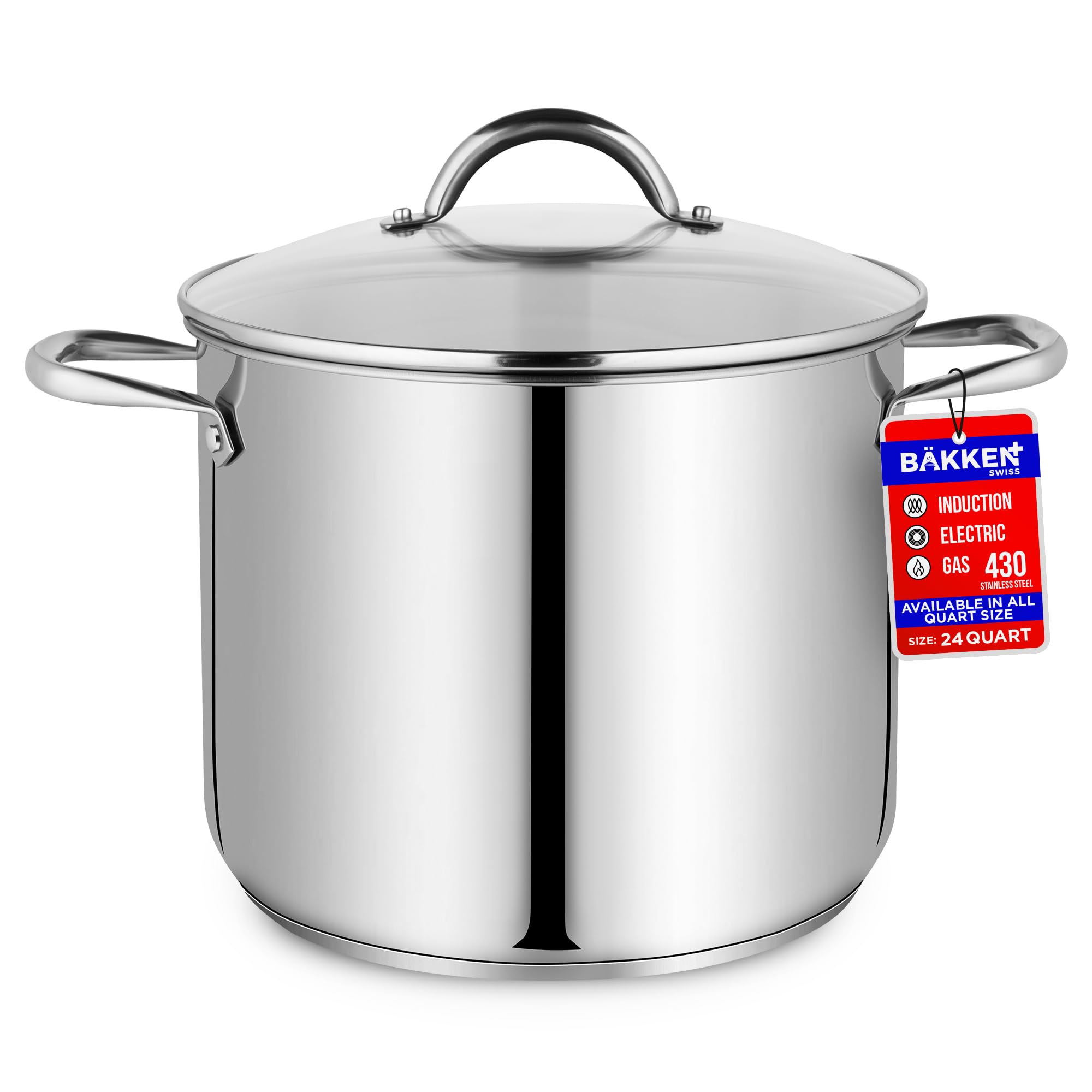 Bakken-Swiss Deluxe 24-Quart Stainless Steel Stockpot w/Tempered Glass See-Through Lid - Simmering Delicious Soups Stews & Induction Cooking - Exceptional Heat Distribution - Heavy-Duty & Food-Grade