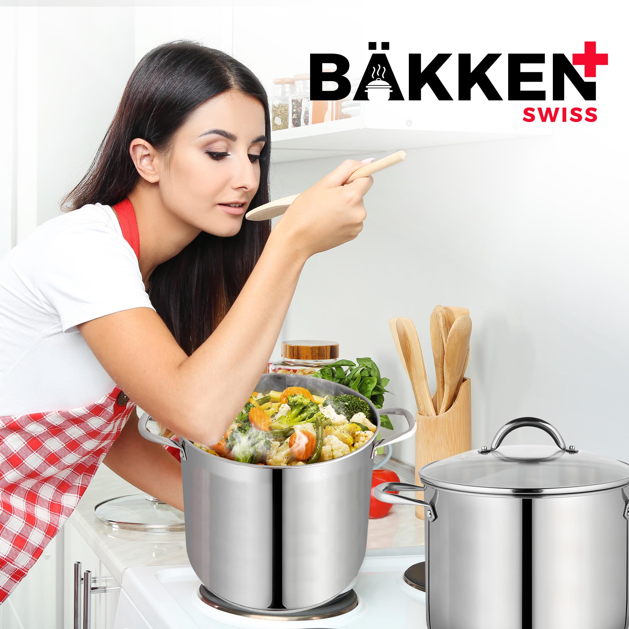 Bakken-Swiss Deluxe 24-Quart Stainless Steel Stockpot w/Tempered Glass See-Through Lid - Simmering Delicious Soups Stews & Induction Cooking - Exceptional Heat Distribution - Heavy-Duty & Food-Grade