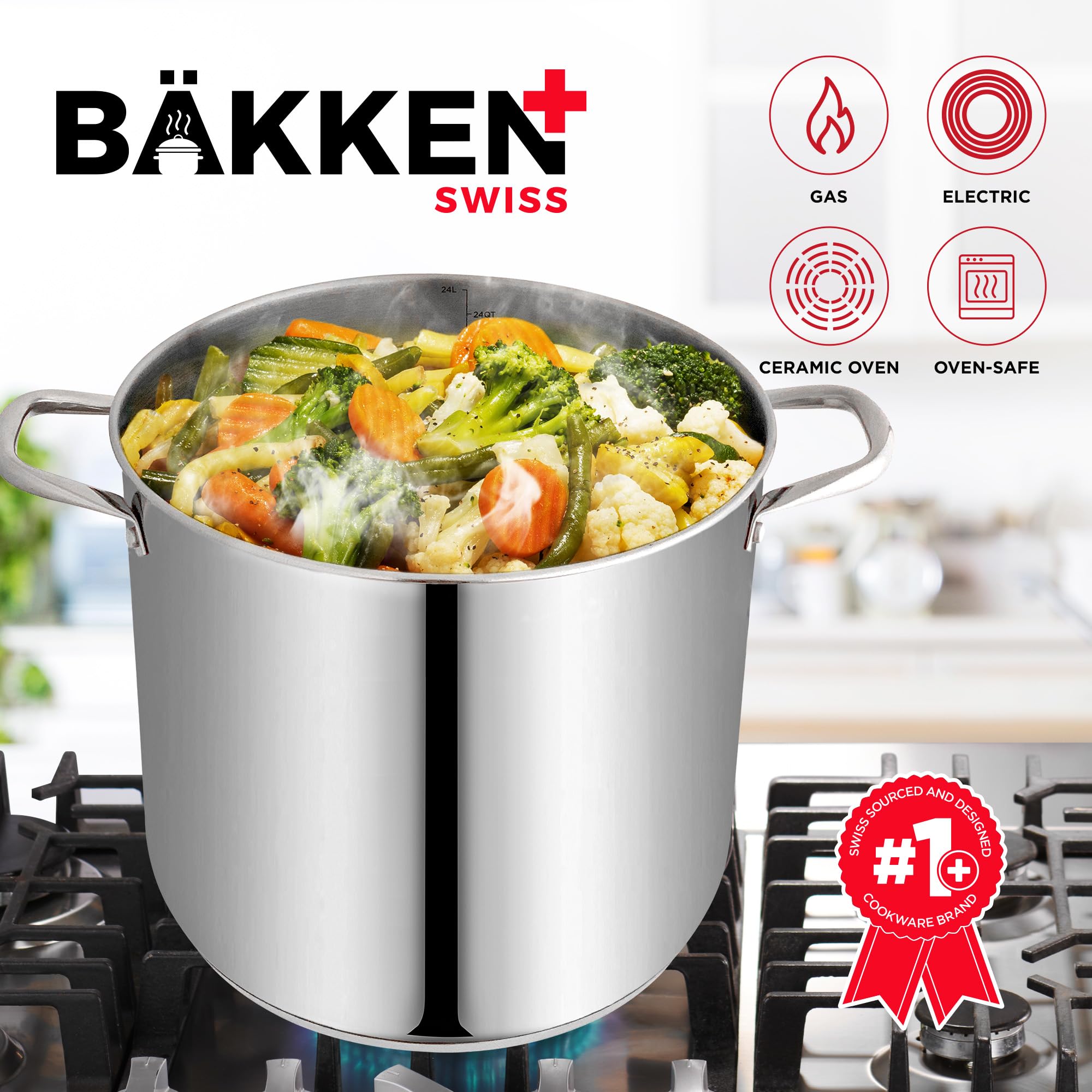 Bakken-Swiss Deluxe 24-Quart Stainless Steel Stockpot w/Tempered Glass See-Through Lid - Simmering Delicious Soups Stews & Induction Cooking - Exceptional Heat Distribution - Heavy-Duty & Food-Grade