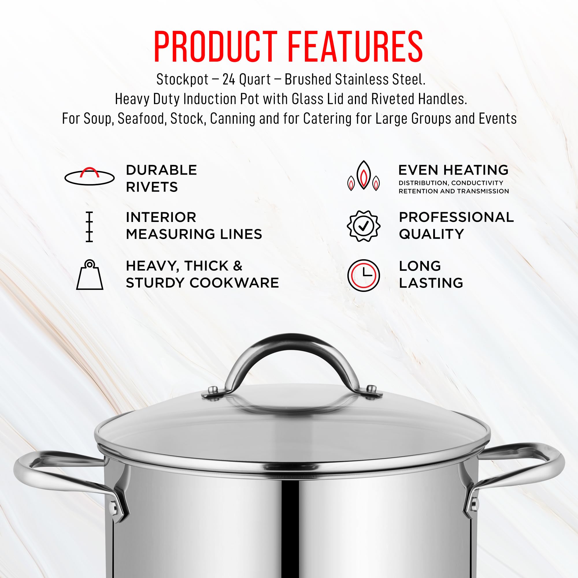 Bakken-Swiss Deluxe 24-Quart Stainless Steel Stockpot w/Tempered Glass See-Through Lid - Simmering Delicious Soups Stews & Induction Cooking - Exceptional Heat Distribution - Heavy-Duty & Food-Grade