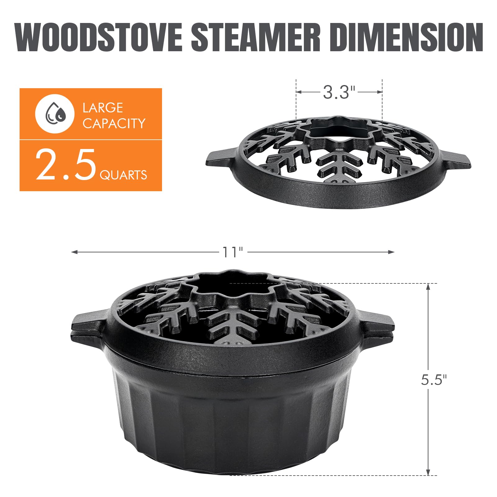 WILLOW WEAVE Cast Iron Wood Stove Steamer 2.5 Quart with Large Opening Top - Flake Black