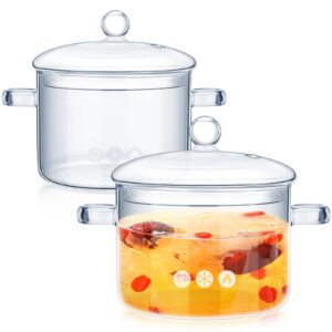 2 pcs glass pots for cooking on stove set glass saucepan with cover heat resistant clear pots and pans set stovetop glass cookware simmer pot with lid for soup milk (1.3 l, 1.9 l, trendy style)