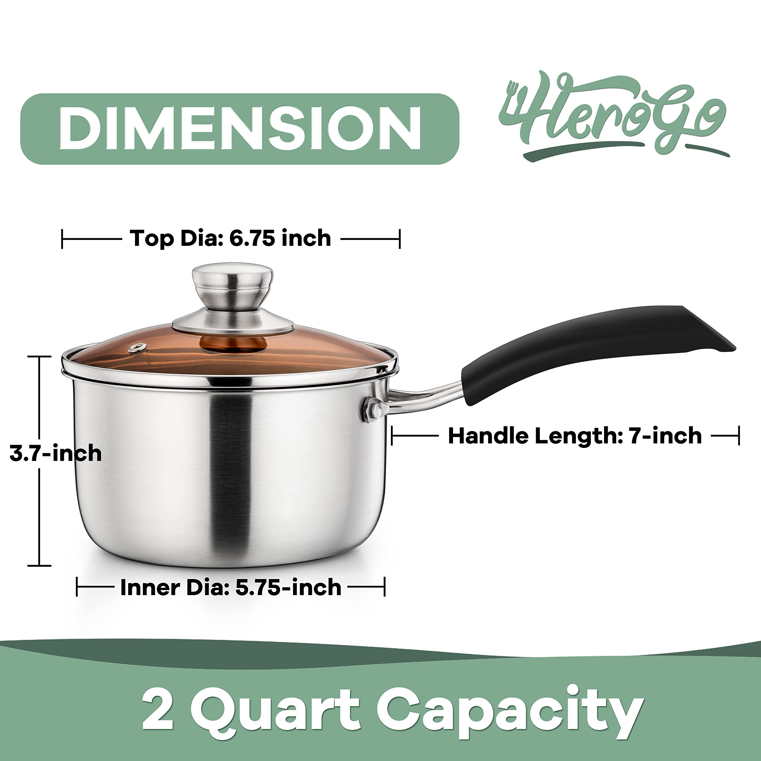 Herogo 2Qt Saucepan with Lid, 18/10 Stainless Steel Sauce Pan Pot, 2 Quart Saucepan for Gas Electric Stove Top Camping, Rust Free & Dishwasher Safe