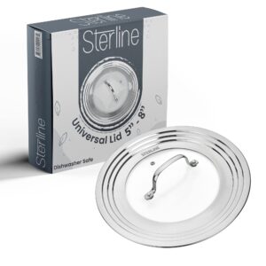 sterline small universal lid,fits 5,8 inch cookware,tempered glass top with steam vent for pots, pan, and cast iron skillets,stainless steel replacement pot lid for kitchen organizing, space saving