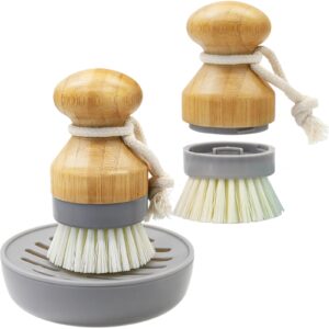 bamboo dish brush, 2 pack bamboo dish scrub brushes with tray, detachable wooden palm brush for cleaning pots, pans, dishes, sink and vegetables