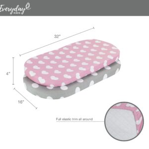 2-Pack Bassinet Sheets - 100% Cotton Jersey Knit Hearts and Dots Bassinet Mattress Pad Fitted Sheets for Baby Girl; Compatible with Bassinet Bedside Co-Sleeper Lounger Brands; Oval Rectangle Mattress