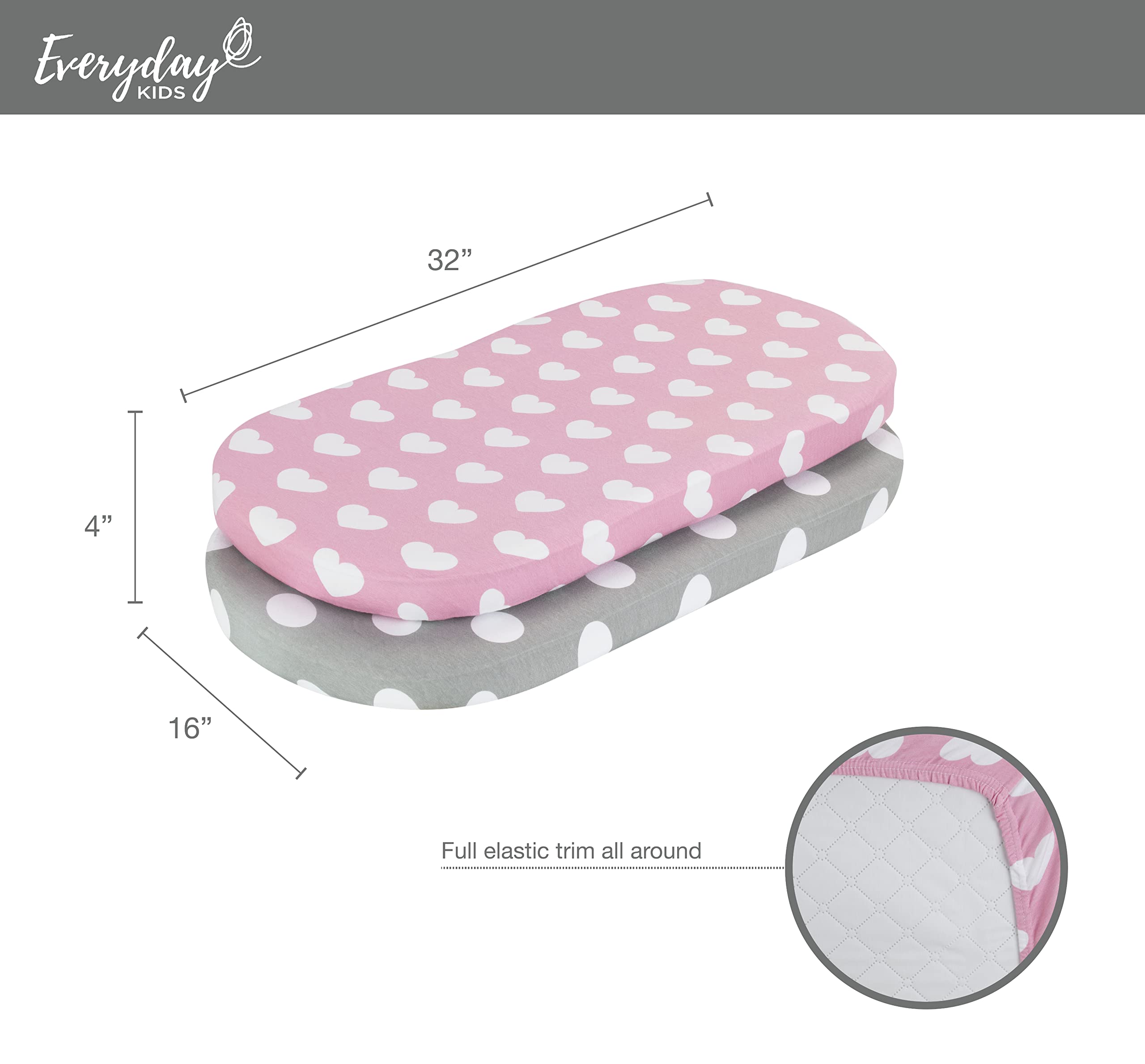 2-Pack Bassinet Sheets - 100% Cotton Jersey Knit Hearts and Dots Bassinet Mattress Pad Fitted Sheets for Baby Girl; Compatible with Bassinet Bedside Co-Sleeper Lounger Brands; Oval Rectangle Mattress