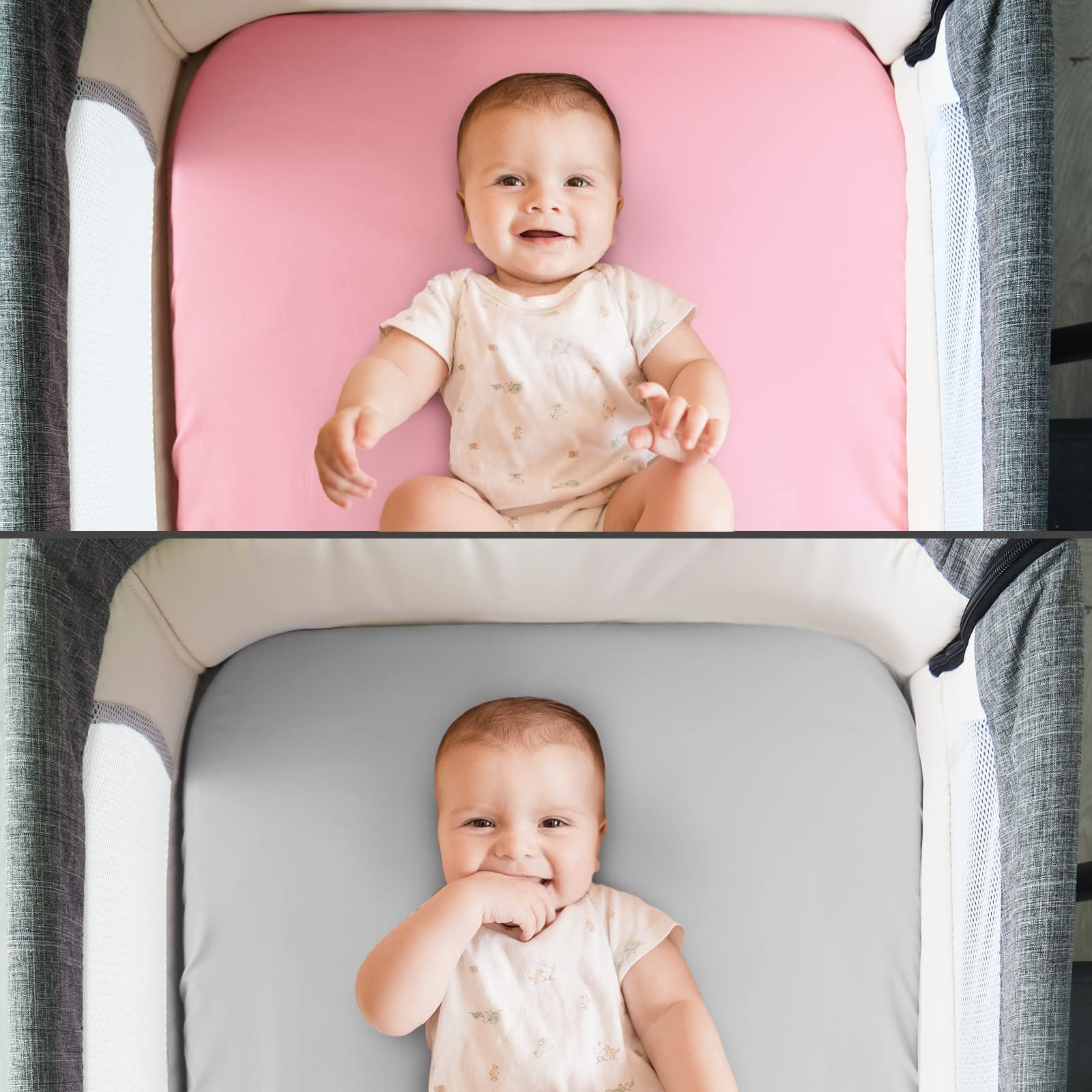 Baby Bassinet Sheets 4 Pack Compatible with UPPAbaby Bassinet, Chicco LullaGo Anywhere Portable Bassinet and Graco DreamMore Bedside, Ultra Soft & Skin-Friendly, Grey and Pink