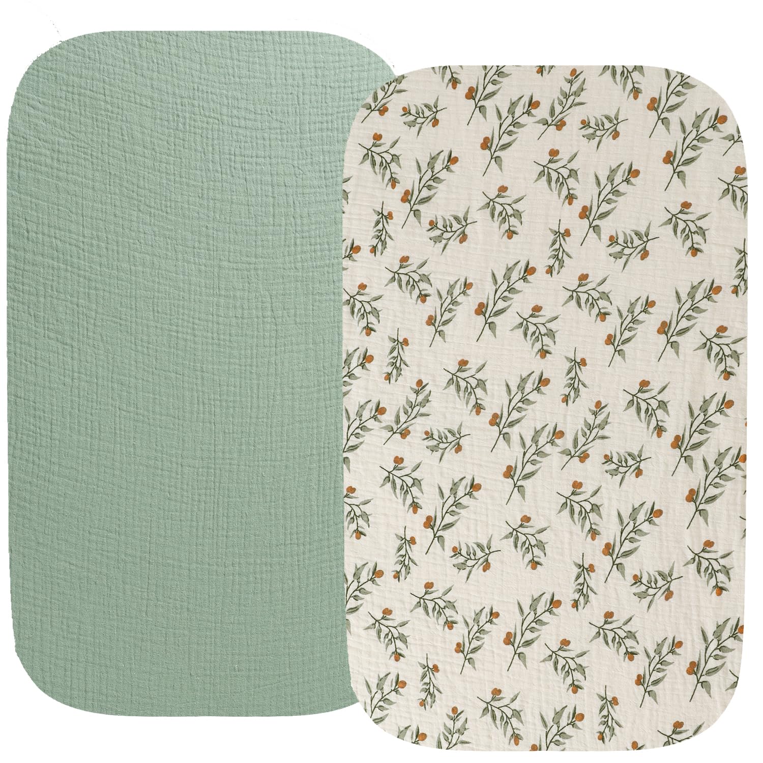 Muslin Bassinet Sheet Compatible with Ingenuity Bedside Baby Bassinet, Regalo Baby Infant Bassinet(Small), 2 Pack Cotton Fitted Bassinet Sheets Super Soft for Baby Roman Green & Botanical Leaf