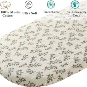 Muslin Bassinet Sheet Compatible with Ingenuity Bedside Baby Bassinet, Regalo Baby Infant Bassinet(Small), 2 Pack Cotton Fitted Bassinet Sheets Super Soft for Baby Roman Green & Botanical Leaf