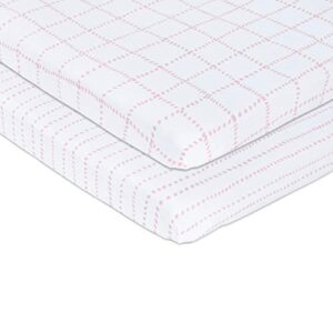 petit dreams pack n play mini-crib sheet jersey knit cotton for baby girl flexible fit for standard mini-crib mattresses, dotted stripes & grid lines, pink, (pack of 2)