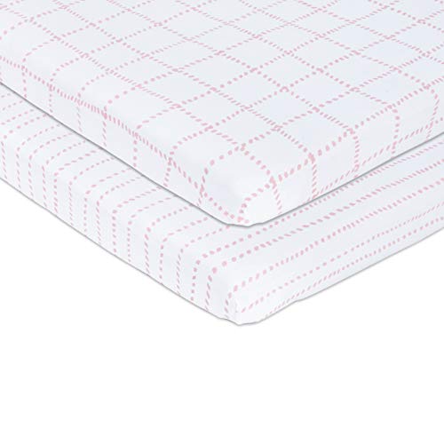 Petit Dreams Pack N Play Mini-Crib Sheet Jersey Knit Cotton for Baby Girl Flexible Fit for Standard Mini-Crib Mattresses, Dotted Stripes & Grid Lines, Pink, (Pack of 2)