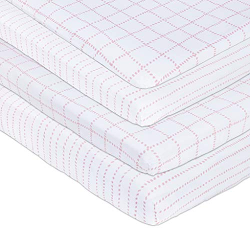 Petit Dreams Pack N Play Mini-Crib Sheet Jersey Knit Cotton for Baby Girl Flexible Fit for Standard Mini-Crib Mattresses, Dotted Stripes & Grid Lines, Pink, (Pack of 2)