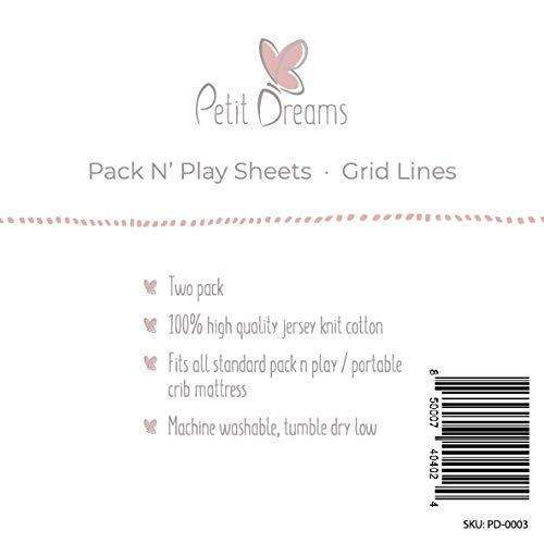 Petit Dreams Pack N Play Mini-Crib Sheet Jersey Knit Cotton for Baby Girl Flexible Fit for Standard Mini-Crib Mattresses, Dotted Stripes & Grid Lines, Pink, (Pack of 2)