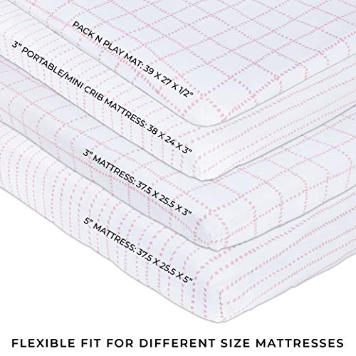 Petit Dreams Pack N Play Mini-Crib Sheet Jersey Knit Cotton for Baby Girl Flexible Fit for Standard Mini-Crib Mattresses, Dotted Stripes & Grid Lines, Pink, (Pack of 2)