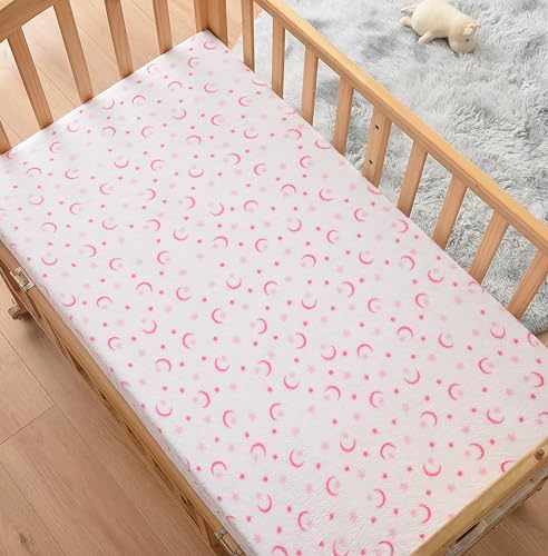 Cozy Fleece Microplush Warm Crib Sheets for Girls (Set of 2), Super Soft and Cozy Fitted Crib Sheets for Standard Crib Mattress, Baby Crib Sheets for Winter, Pink/White with Moon & Stars, 28in x 52in