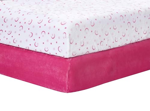 Cozy Fleece Microplush Warm Crib Sheets for Girls (Set of 2), Super Soft and Cozy Fitted Crib Sheets for Standard Crib Mattress, Baby Crib Sheets for Winter, Pink/White with Moon & Stars, 28in x 52in