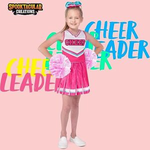 Spooktacular Creations Girl Pink Cheerleader Costume, Halloween Cute Cheer Uniform Outfit with Accessories for Halloween High School Cheerleader Dress Up Costume-L