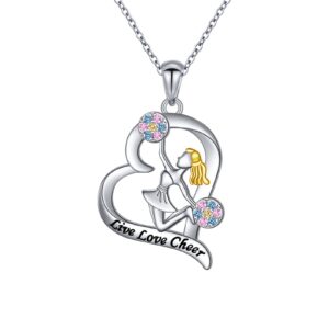 gift for cheering teams, 925 sterling silver engraved live love cheer up cheerleader girl in heart pendant necklace good luck gift for women daughter, 18 inch