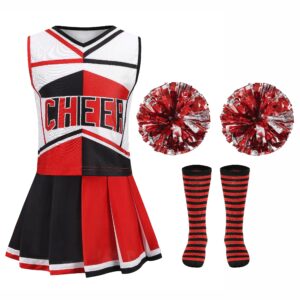 yolsun cheerleader costume for girls, high school cheerleading outfit with socks and pom poms, red and black halloween birthday party uniform(4-6y)