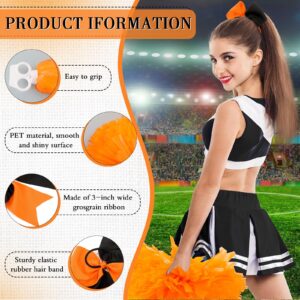 Set of 3 12 Inch Cheerleading Pom Poms and Large Cheerleader Ponytail Bow Holder for Girl Large Metallic Cheerleader Pom Poms for Sports Team Cheering (Orange and Black)